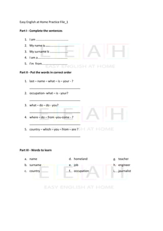 Easy English at Home Practice file 1 | PDF