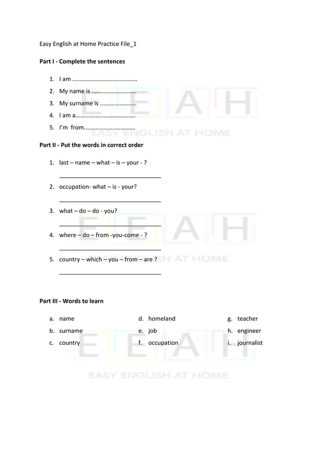 Easy English at Home Practice file 1 | PDF