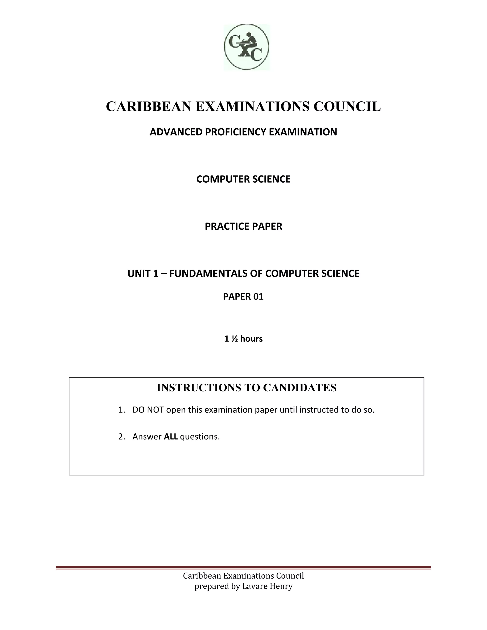 CAPE Computer Science Unit 1 Paper 1 - Practice Paper | PDF