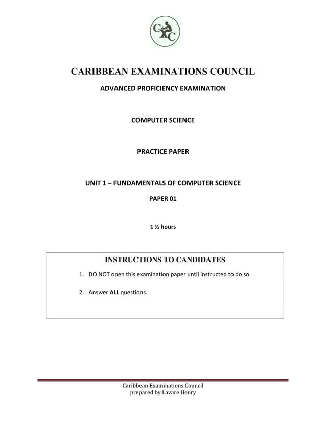 CAPE Computer Science Unit 1 Paper 1 - Practice Paper | PDF