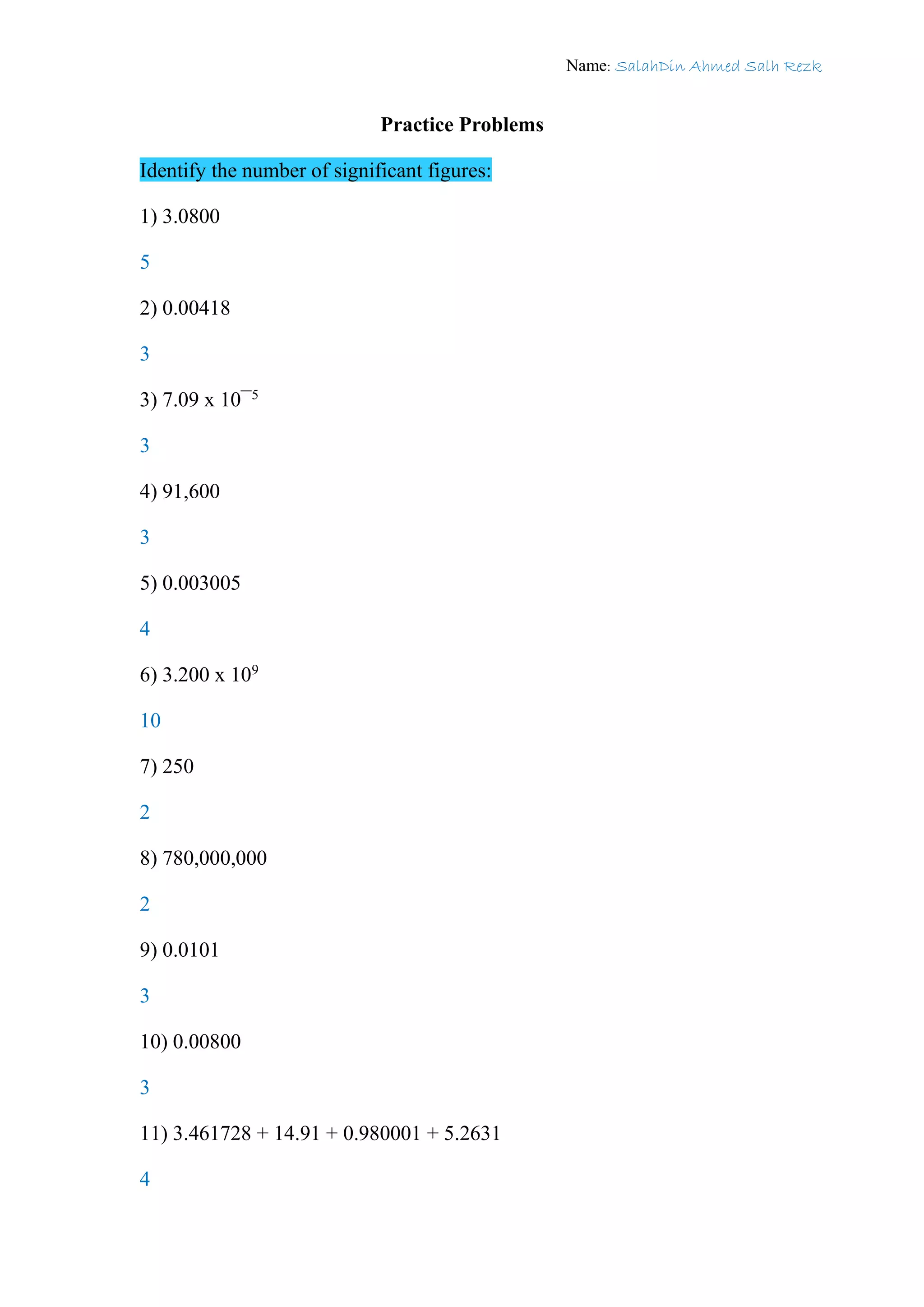Practice problems on significant figures | PDF