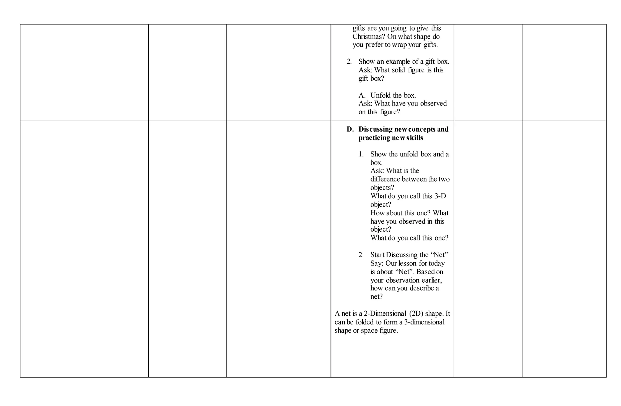 nets of solid figures lesson grade VI (explicit lesson plan k-12) | DOCX