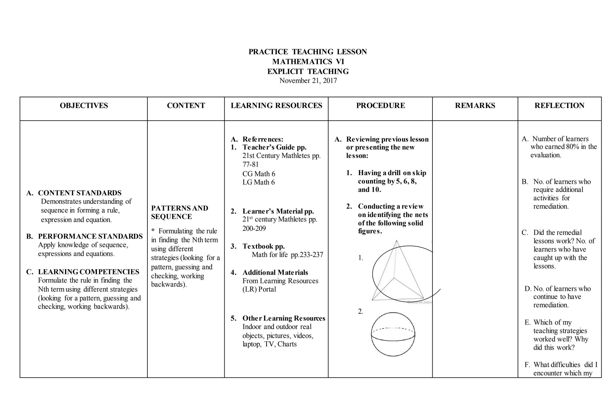 Sequencing (Formulating the nth term rule) Explicit lesson plan grade VI | DOCX
