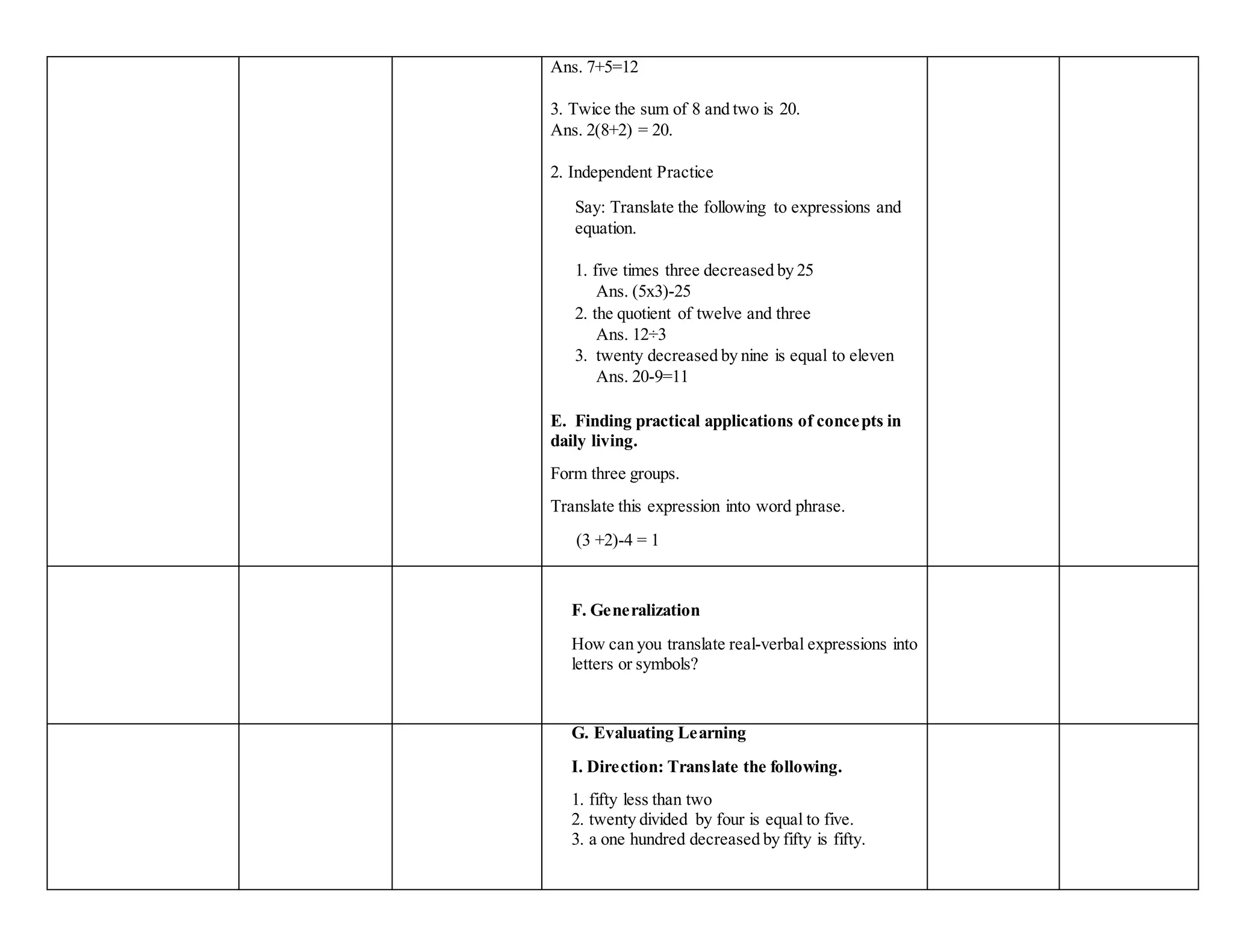 Translations of real-verbal expressions into letters or symbols and ...