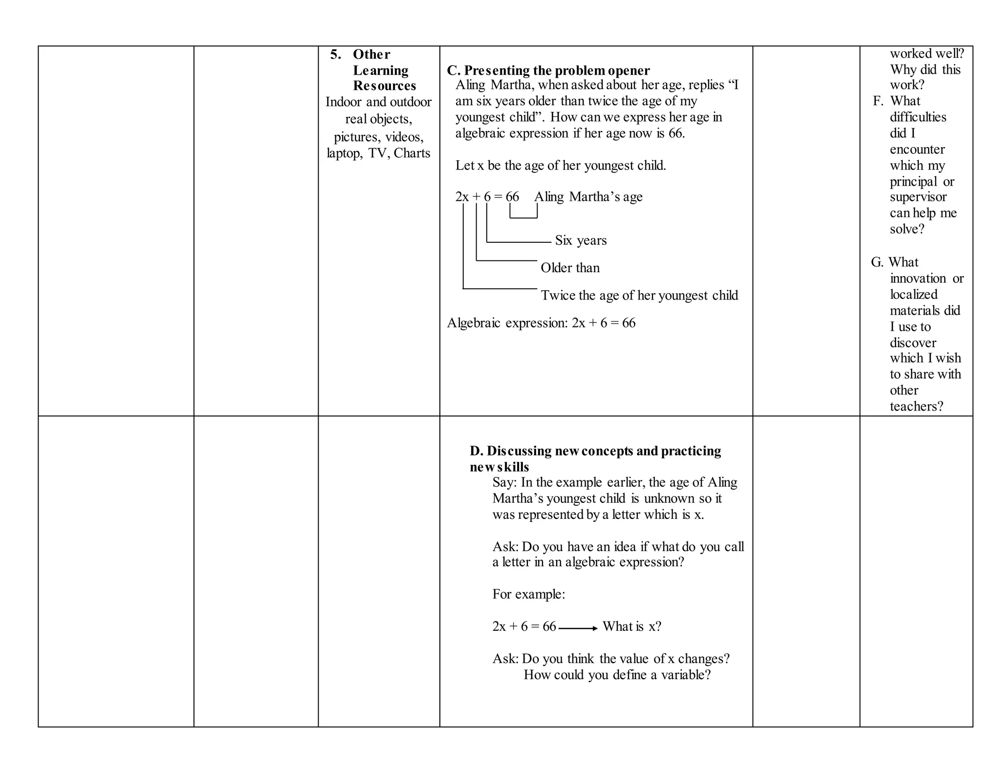 Defining a variable in an algebraic expression and equation. | DOCX