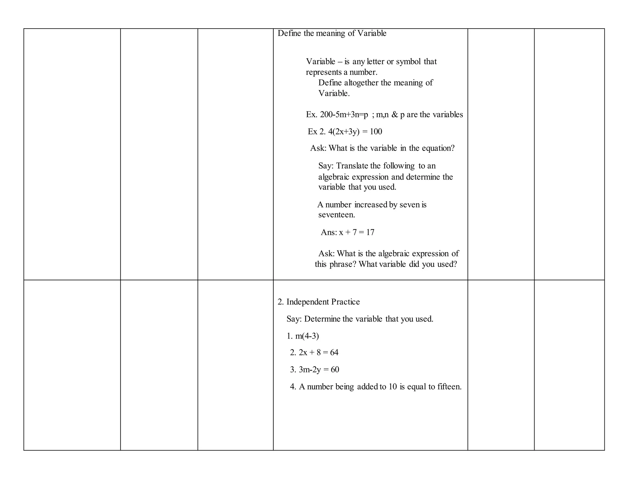 Defining a variable in an algebraic expression and equation. | DOCX