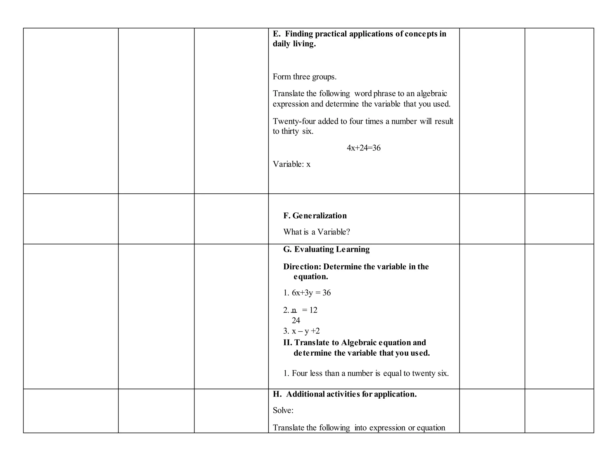 Defining a variable in an algebraic expression and equation. | DOCX