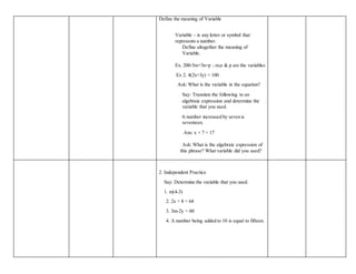 Defining a variable in an algebraic expression and equation. | DOCX