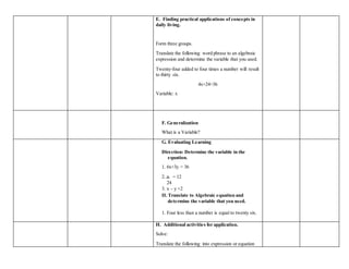 Defining a variable in an algebraic expression and equation. | DOCX