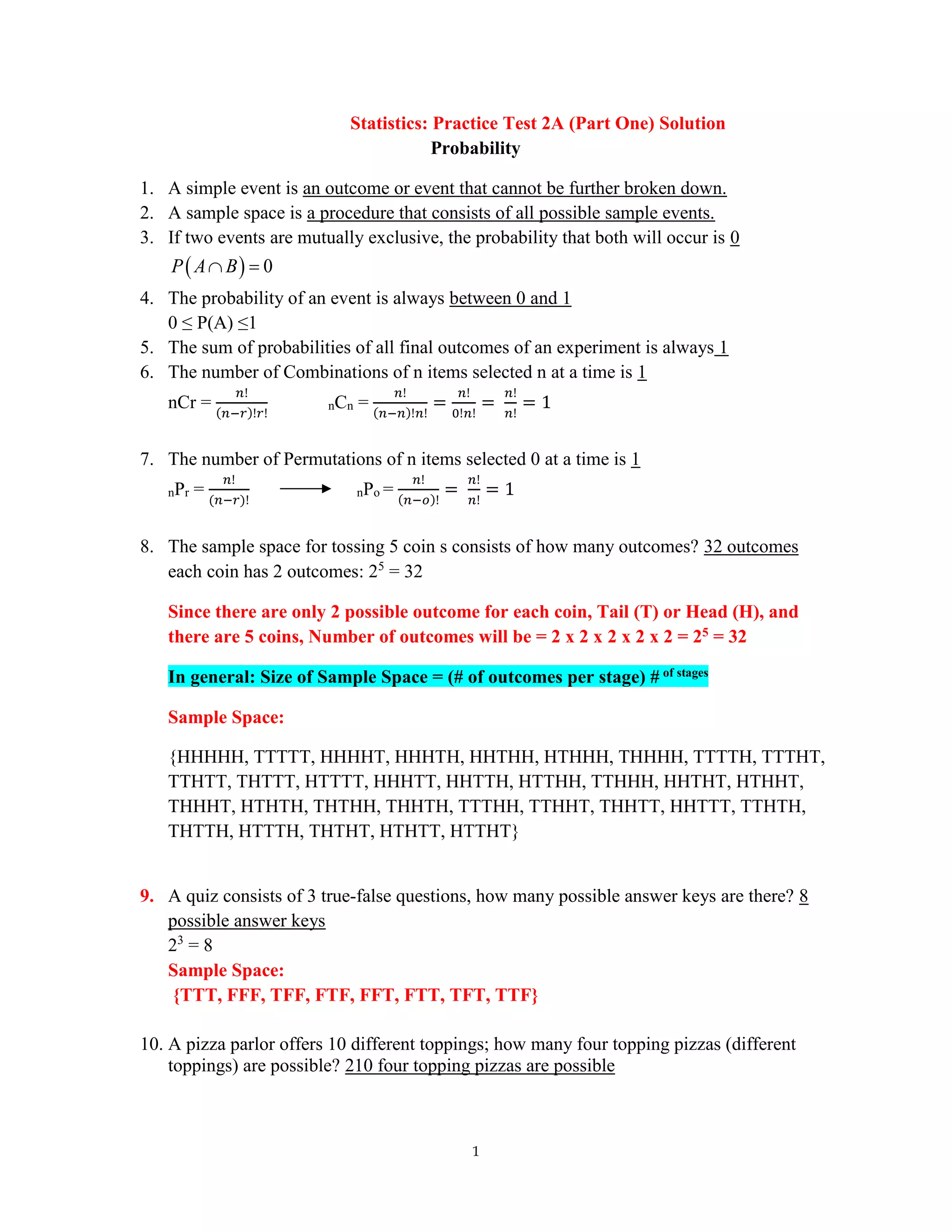 Practice Test 2A Probability Solution | PDF
