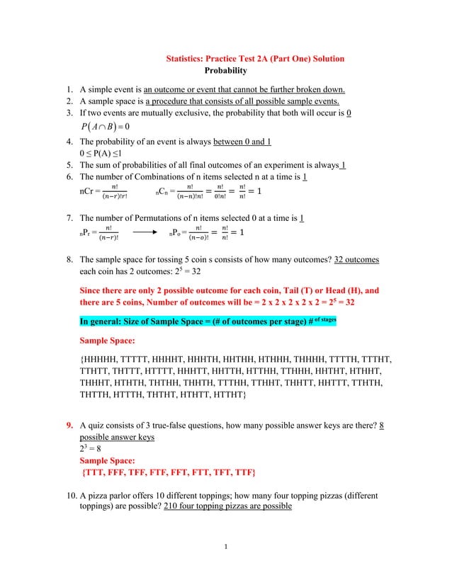 Practice Test 2A Probability Solution | PDF
