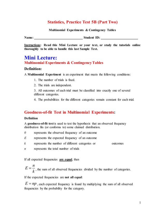 Practice Test 5B Multinomial Experiments and Contingency Tables | PDF