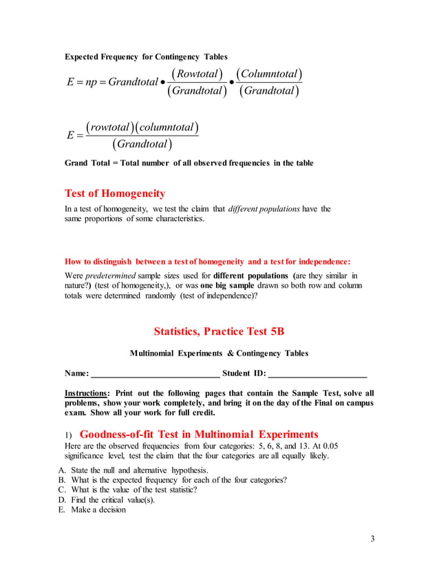 Practice Test 5B Multinomial Experiments and Contingency Tables | PDF