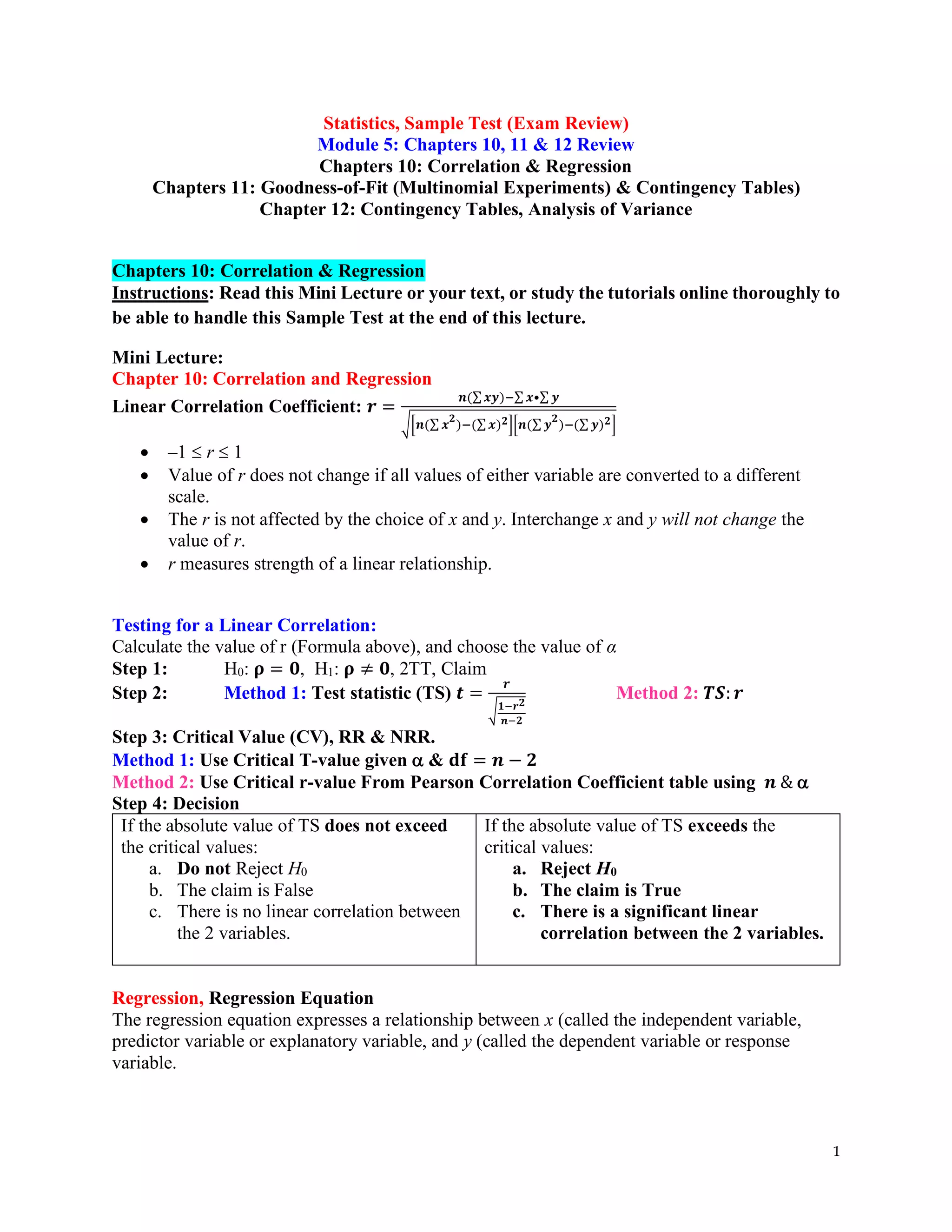 Practice test ch 10 correlation reg ch 11 gof ch12 anova | PDF