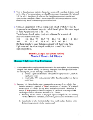 Practice test ch 8 hypothesis testing ch 9 two populations | PDF ...