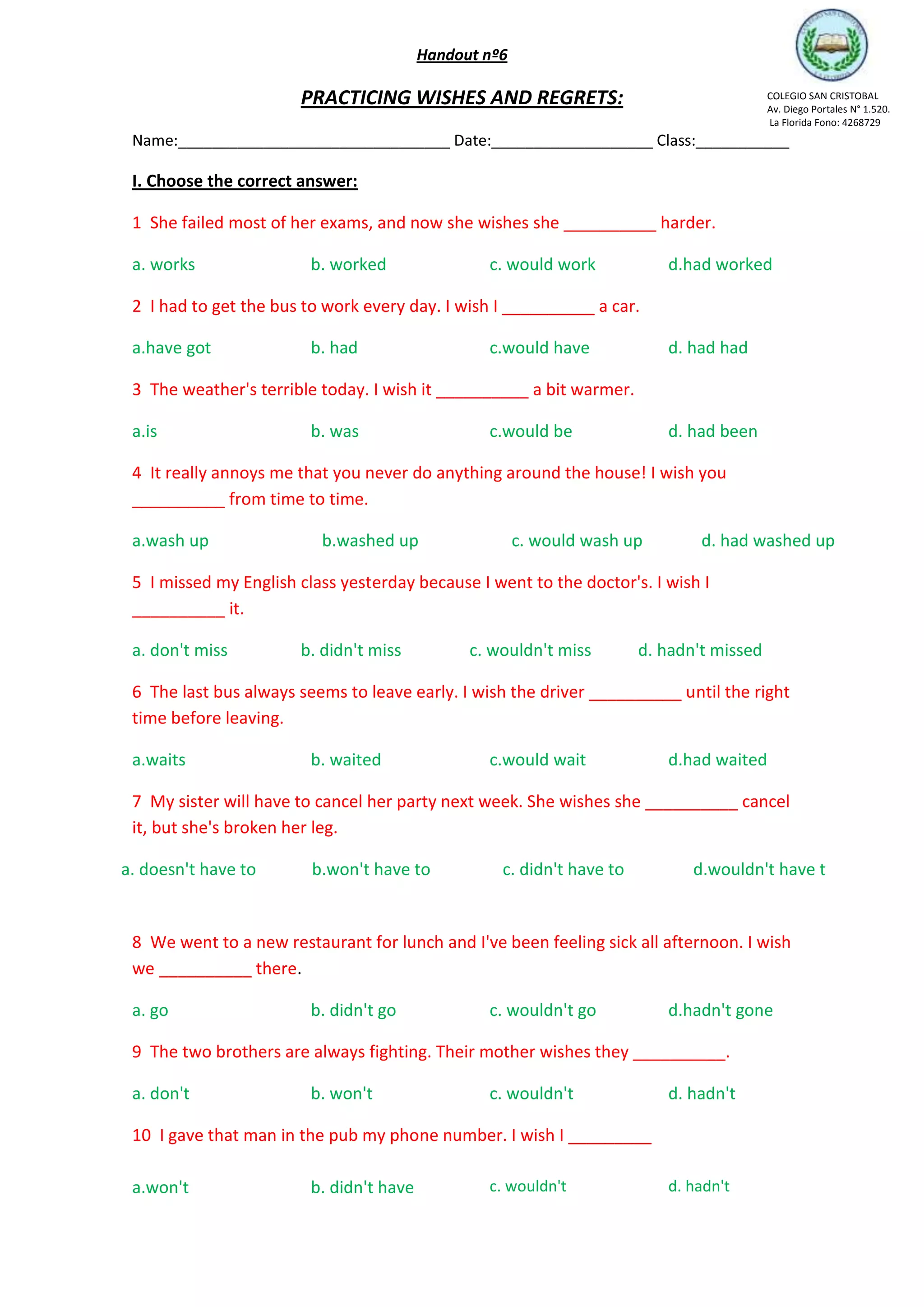 Practicing wish and regret handout | DOCX