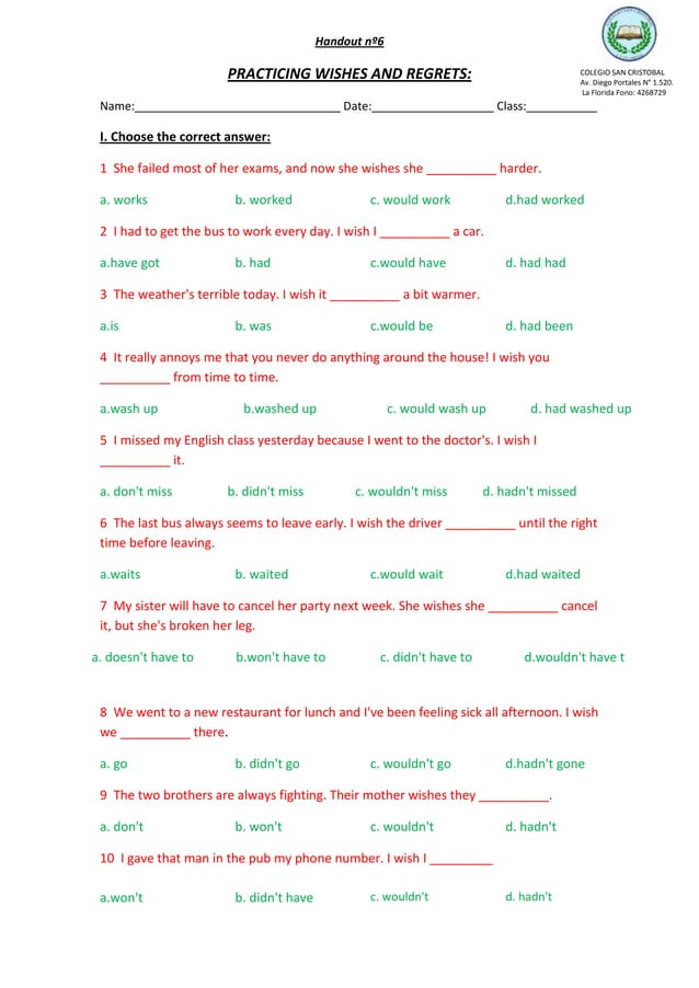 Practicing wish and regret handout | DOCX