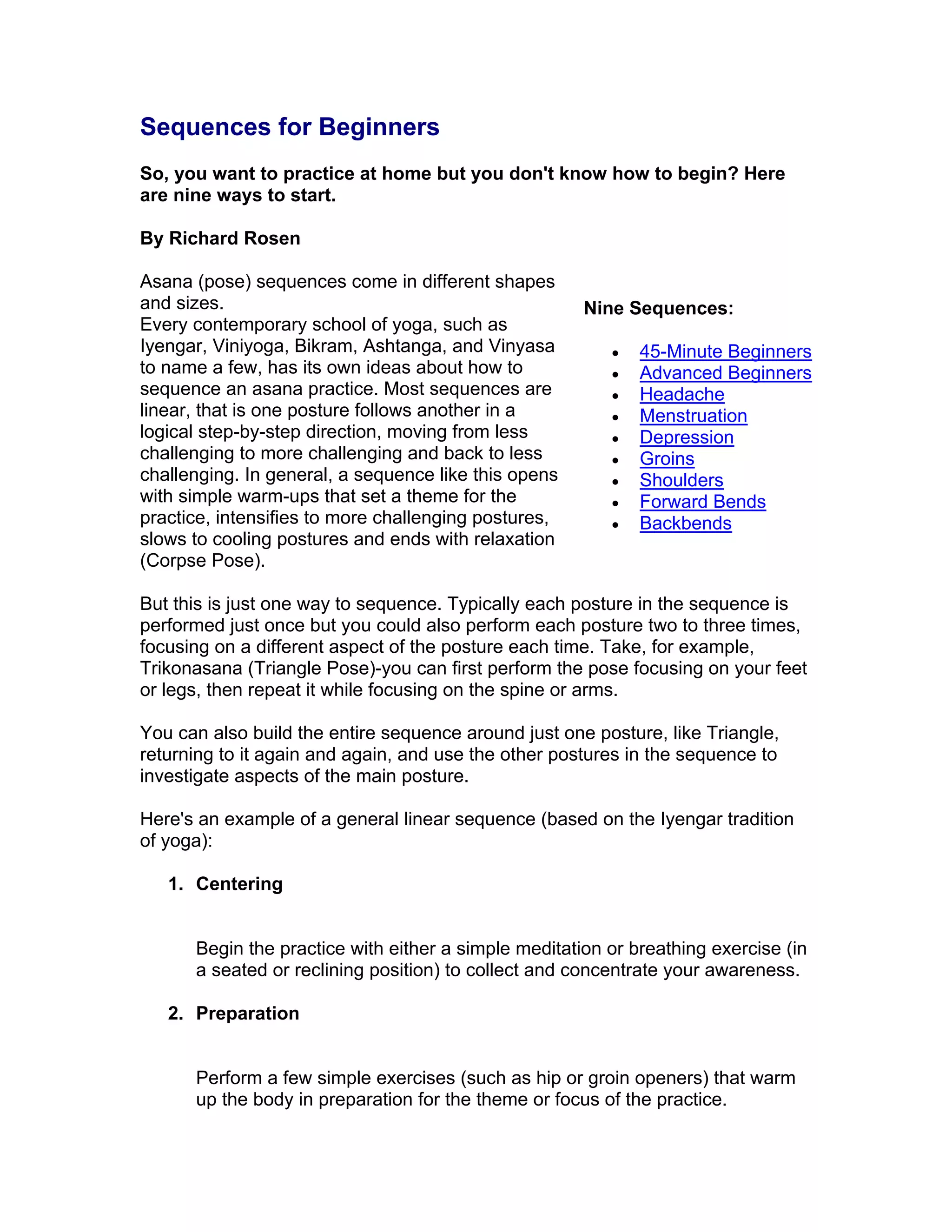 Practicing yoga at home, a sequences for beginners 15 pgs | PDF