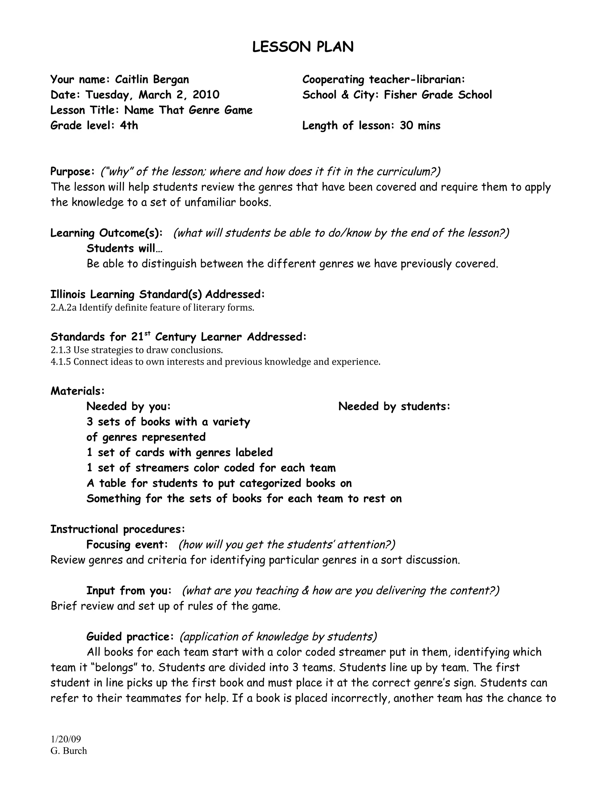 Practicum Genre Lesson Plan | DOC