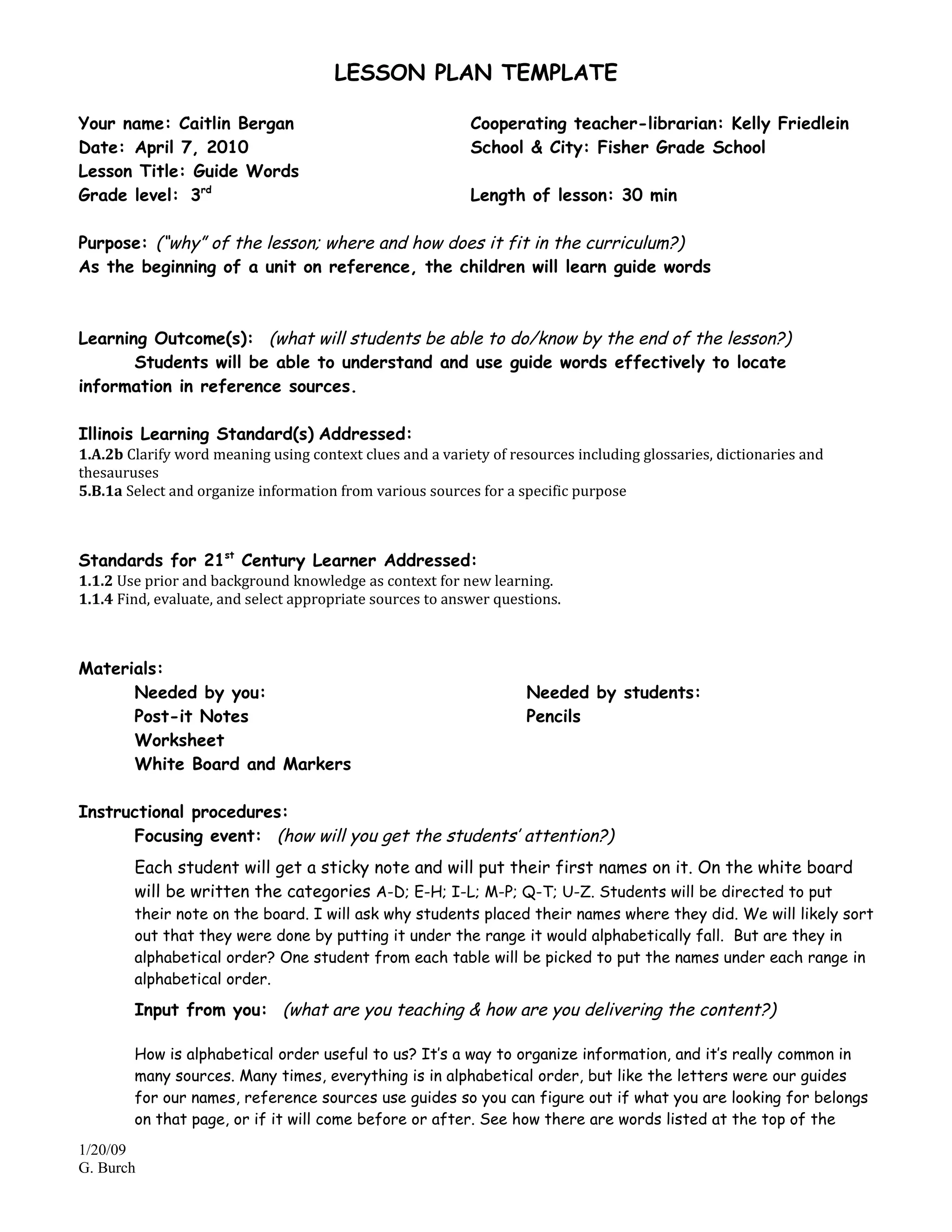 Practicum guide words lesson plan | PDF