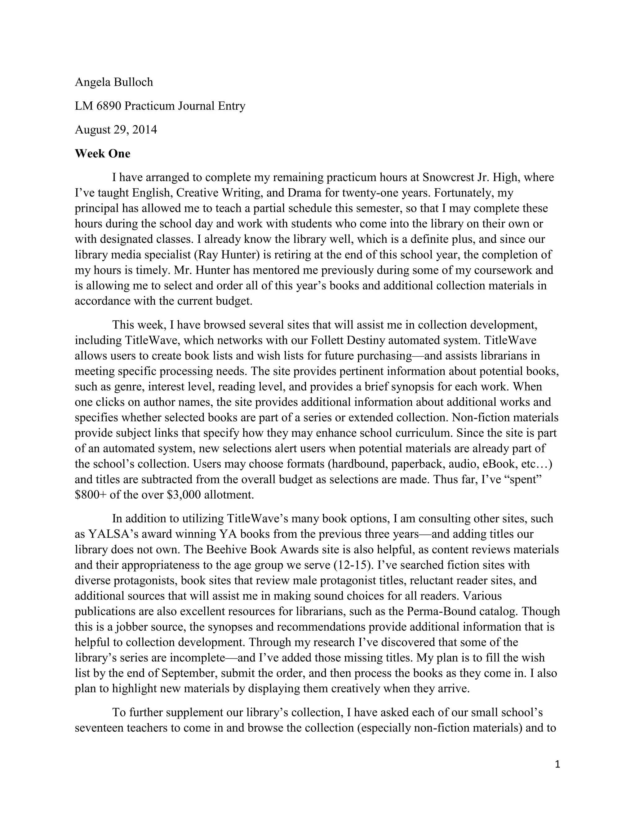 Practicum journal entries 1 15 | PDF