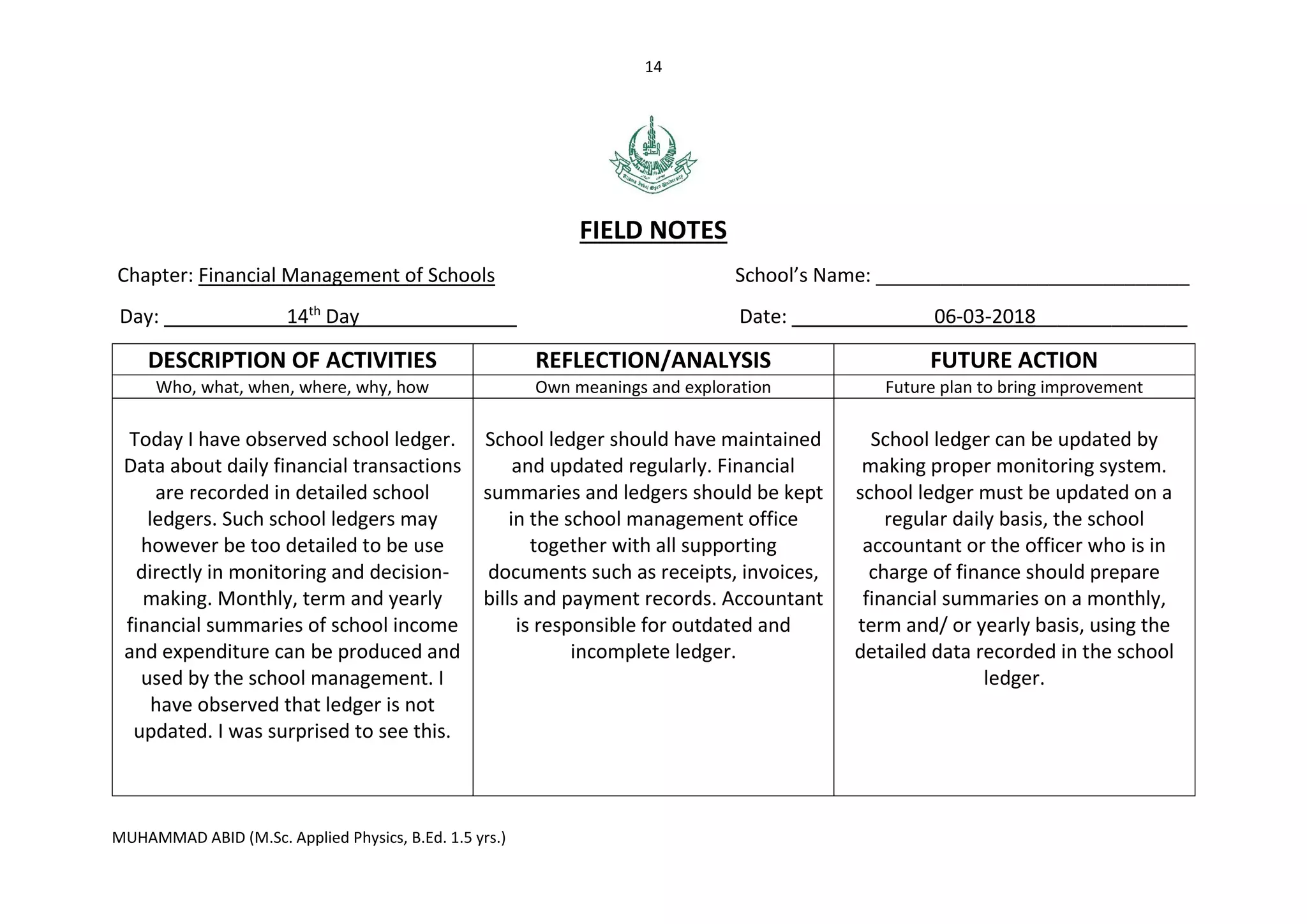 Practicum report (field notes and action plans) | PDF