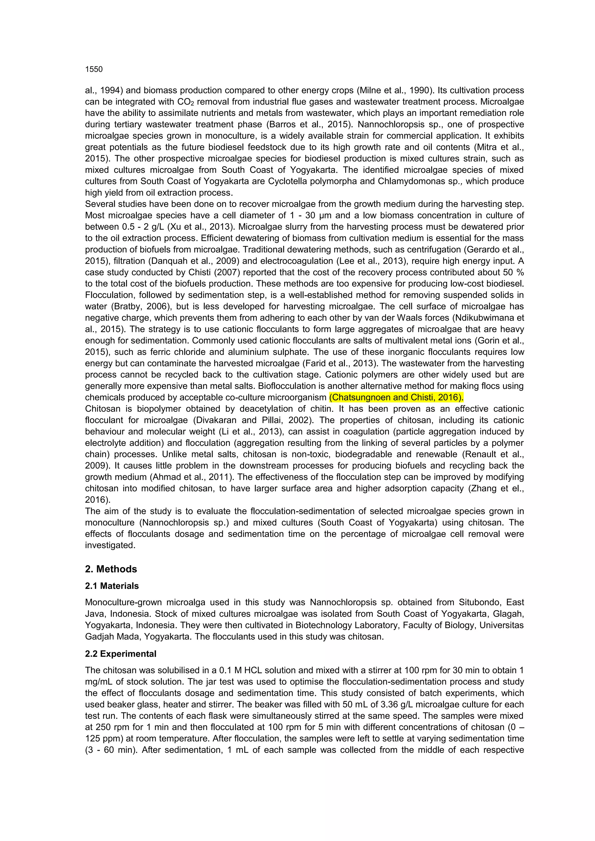 Chitosan Flocculation-sedimentation for Harvesting Selected Microalgae Species Grown in ...