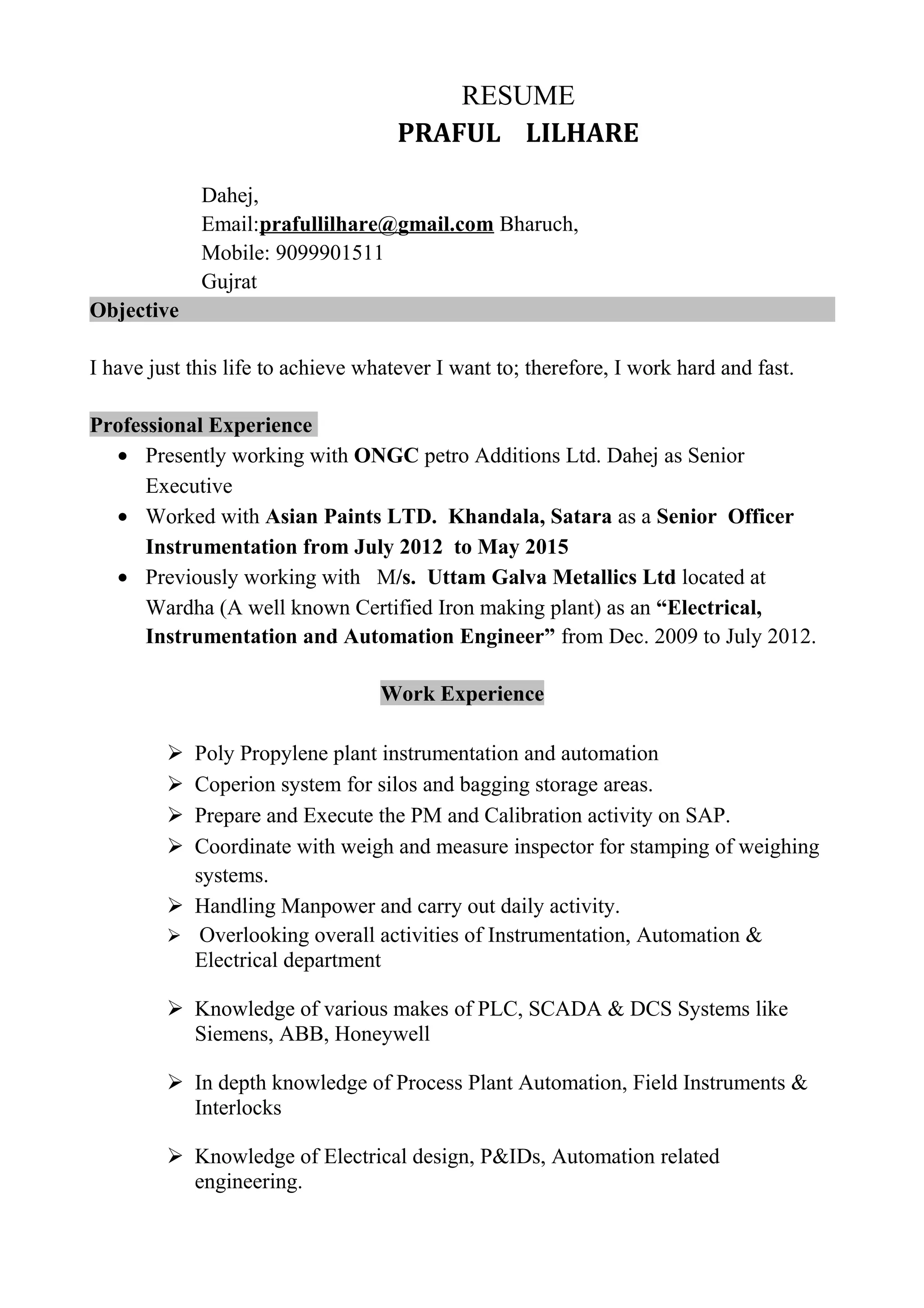 Praful cv | DOC | Mechanical and Industrial Engineering Industry | Industries