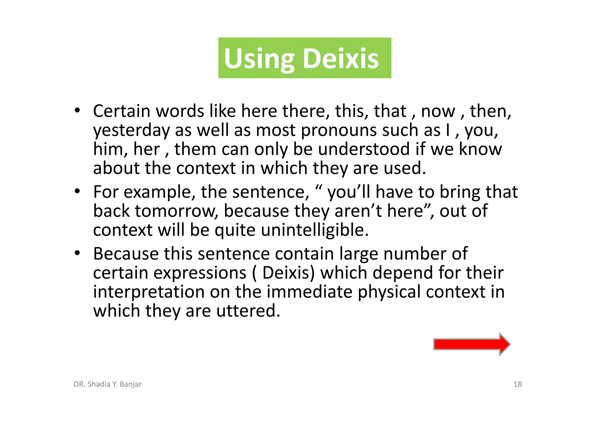 Pragmatics: Deixis And Distance By Dr.Shadia.Pptx