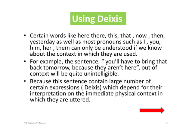 Pragmatics: Deixis And Distance By Dr.Shadia.Pptx