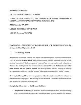 PRAGMATICS: THE MESSAGE MODEL & INFERENTIAL MODEL AS THE MODELS OF ...
