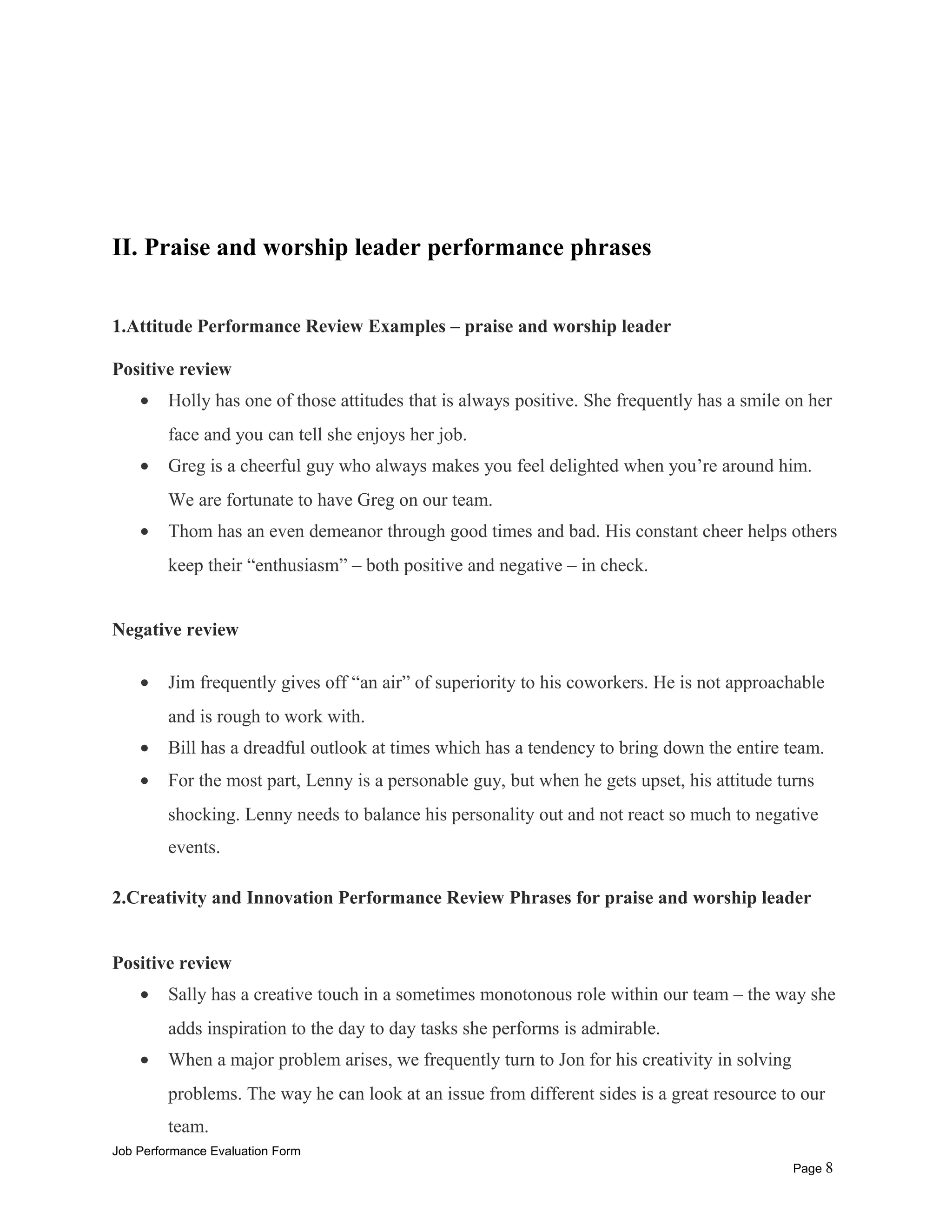 Praise and worship leader performance appraisal | DOC