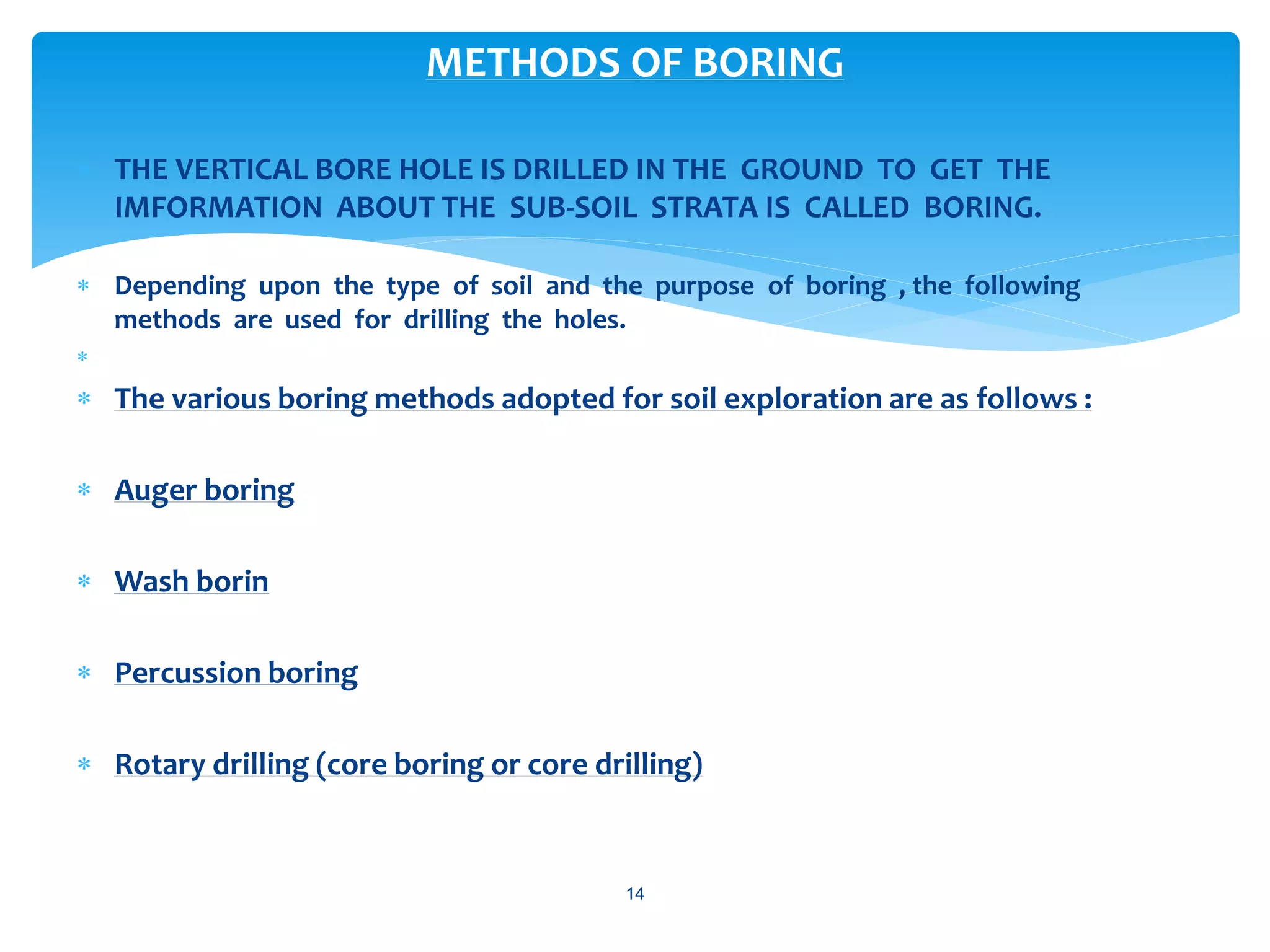 methods of sub-surface exploration, methods of boring, number, location ...