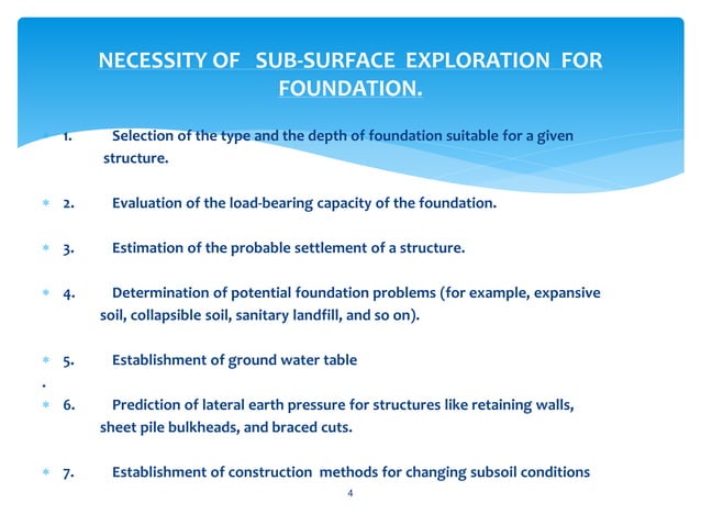methods of sub-surface exploration, methods of boring, number, location and depth of boring. | PPTX