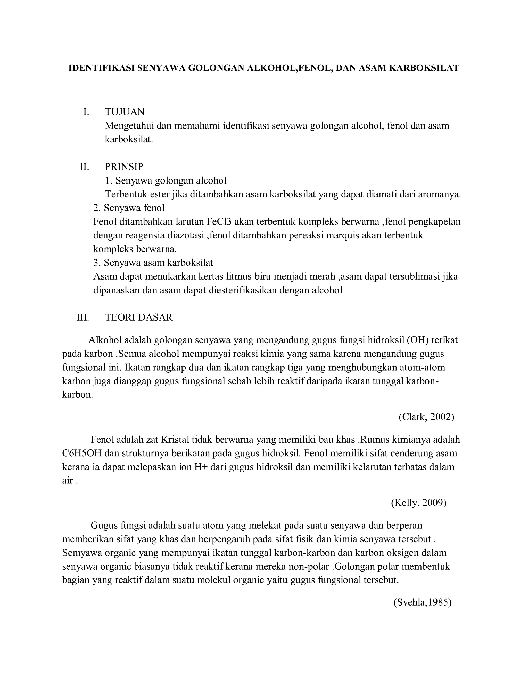 identifikasi senyawa golongan alkohol ,fenol dan asam karboksilat | PDF