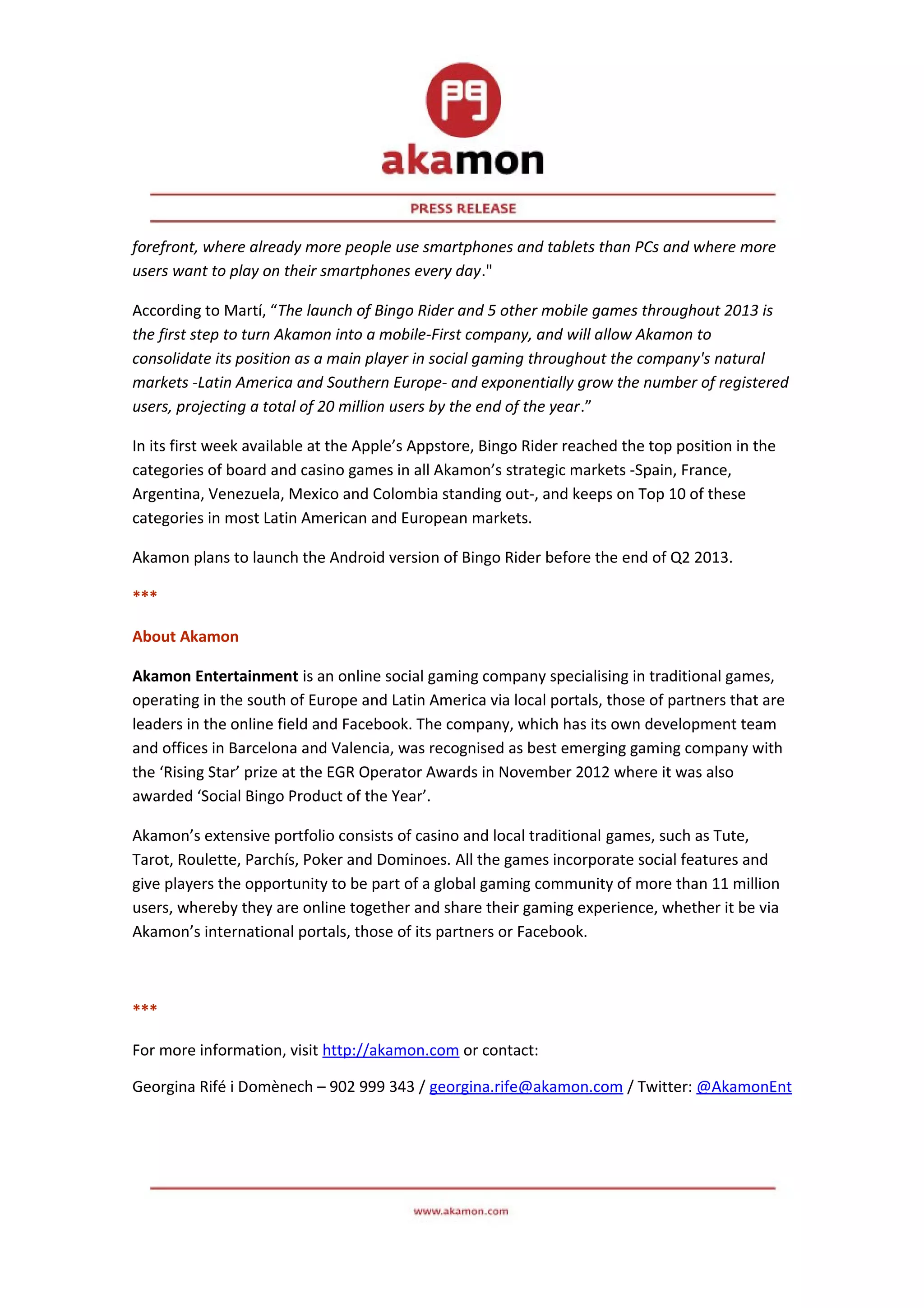 Akamon launches bingo rider, its first game for mobile devices | PDF