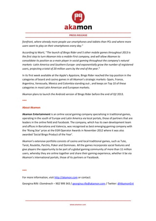 Akamon launches bingo rider, its first game for mobile devices | DOC