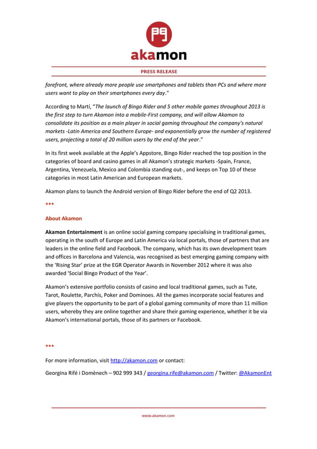 Akamon launches bingo rider, its first game for mobile devices | PDF