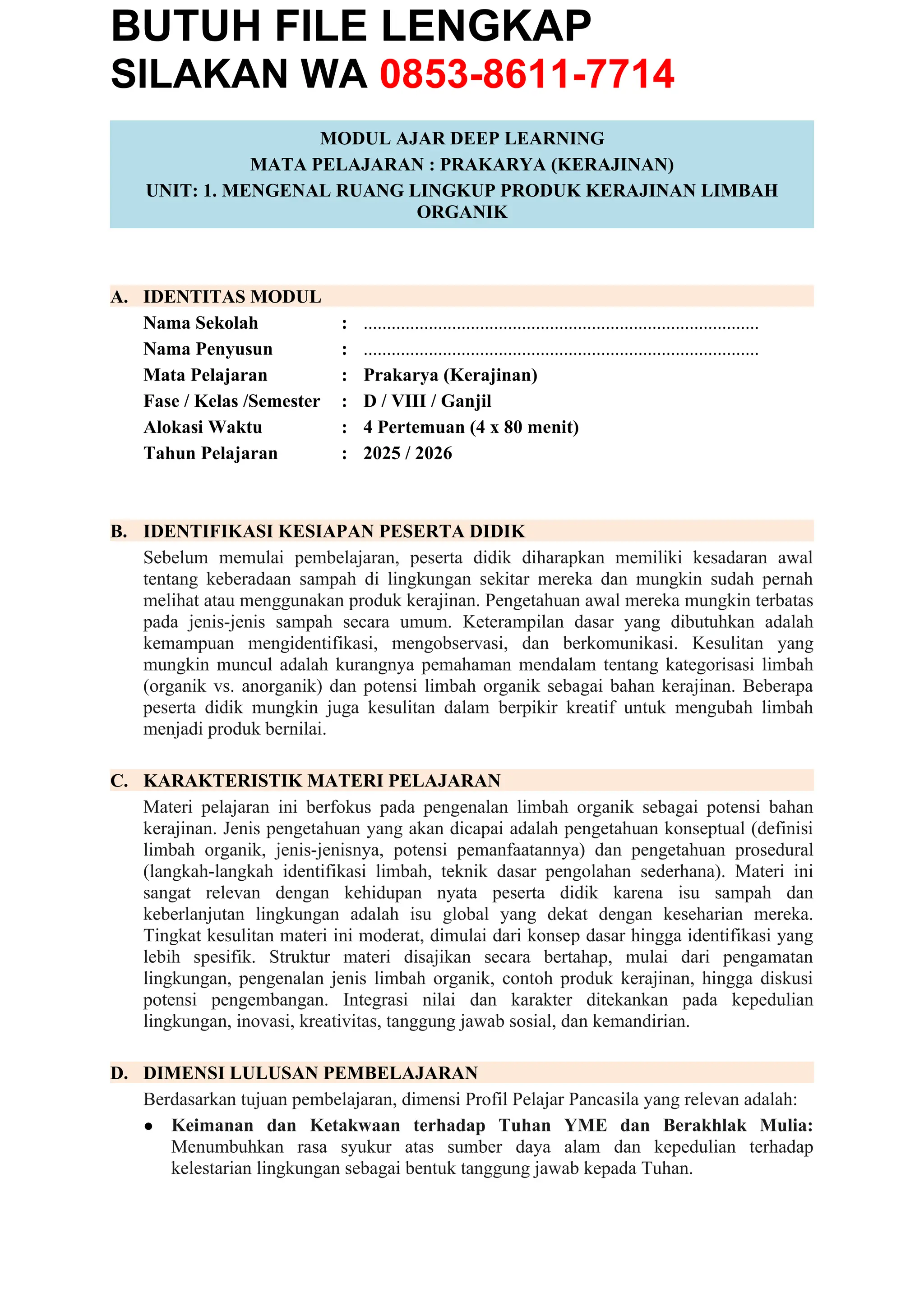 Modul Ajar Pembelajaran Mendalam Prakarya Kerajinan Kelas 8 Terbaru ...