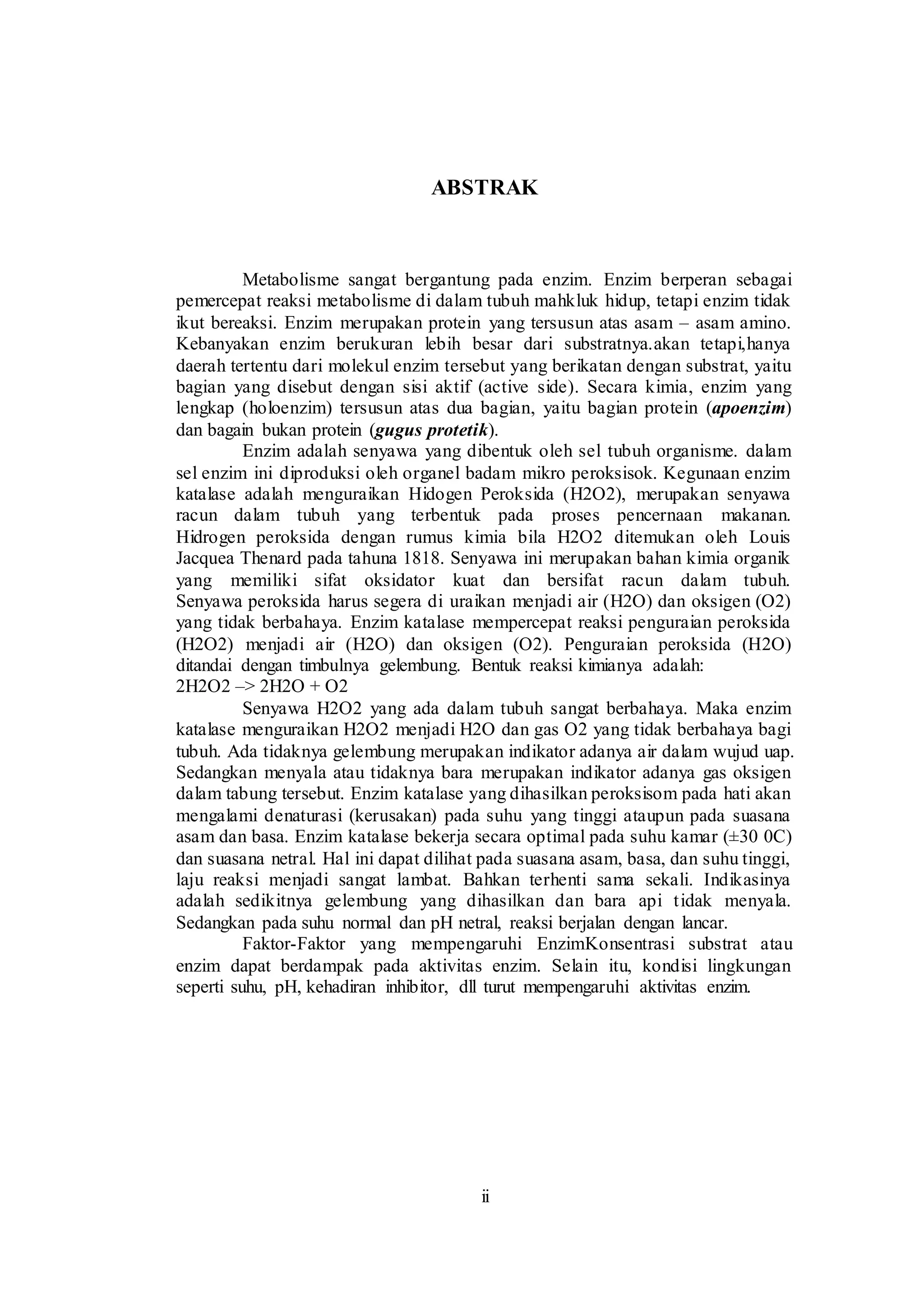 Praktek Biologi Peran Enzim Katalase, SMAN 1 Dringu, Kab.Probolinggo | DOCX