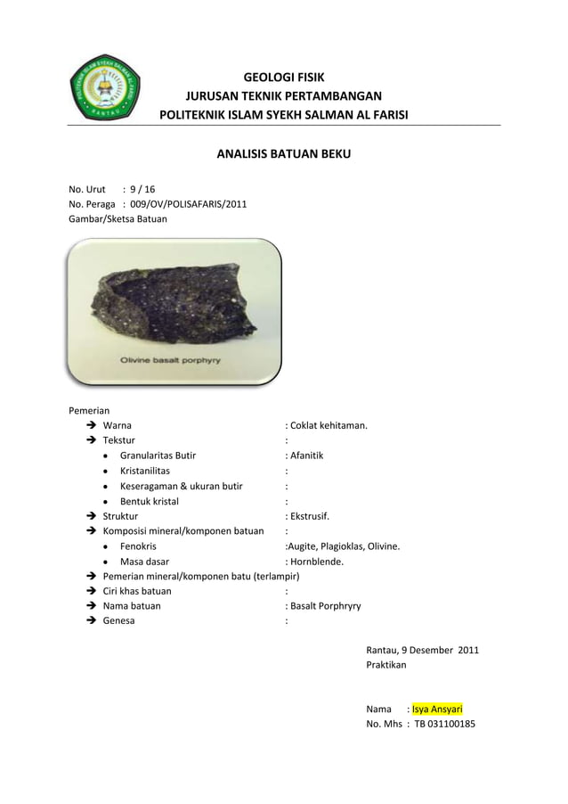 Praktikum : analisis batuan beku - isya ansyari - polisafaris | DOCX