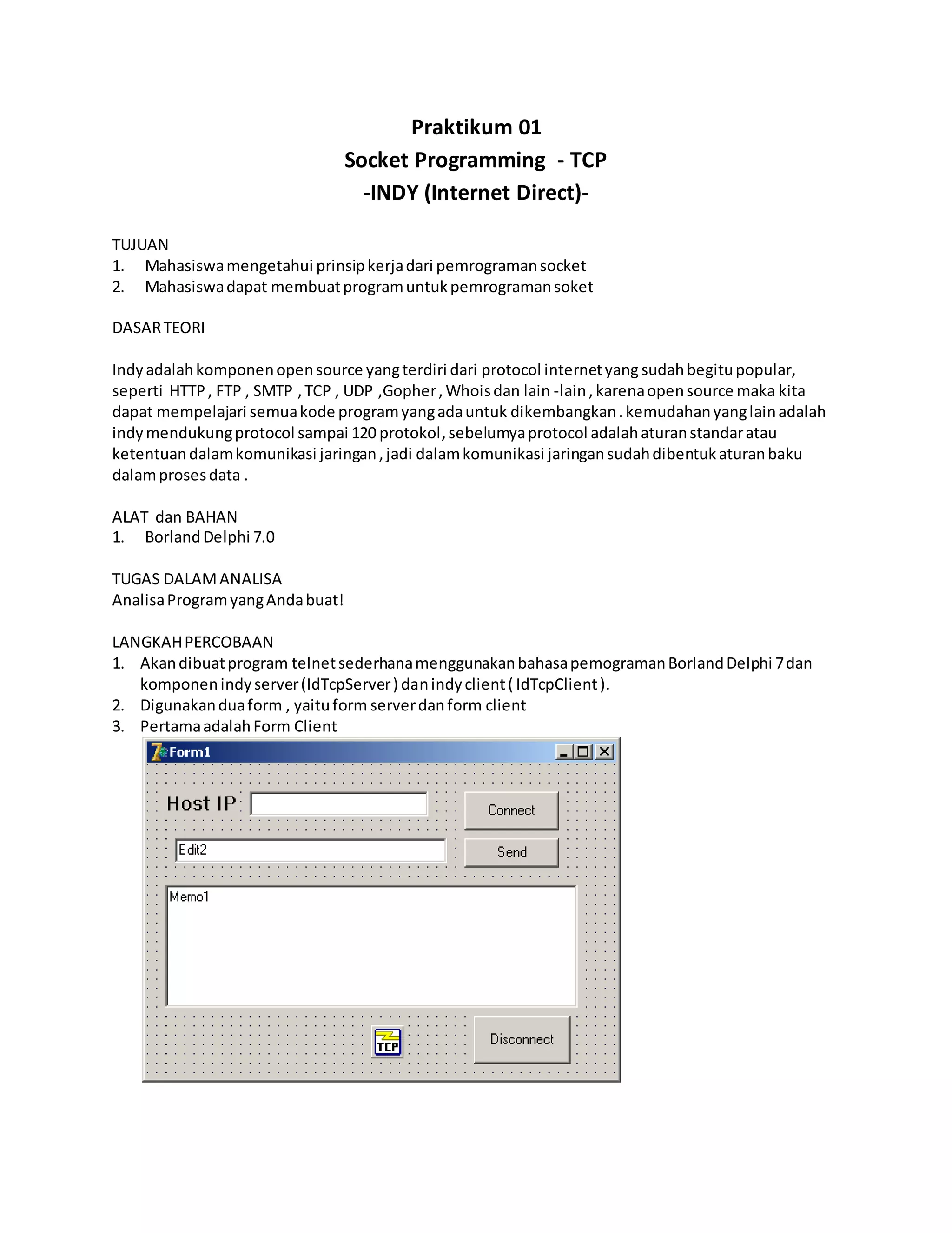 Praktikum 1 a socket programming tcp - indy | PDF