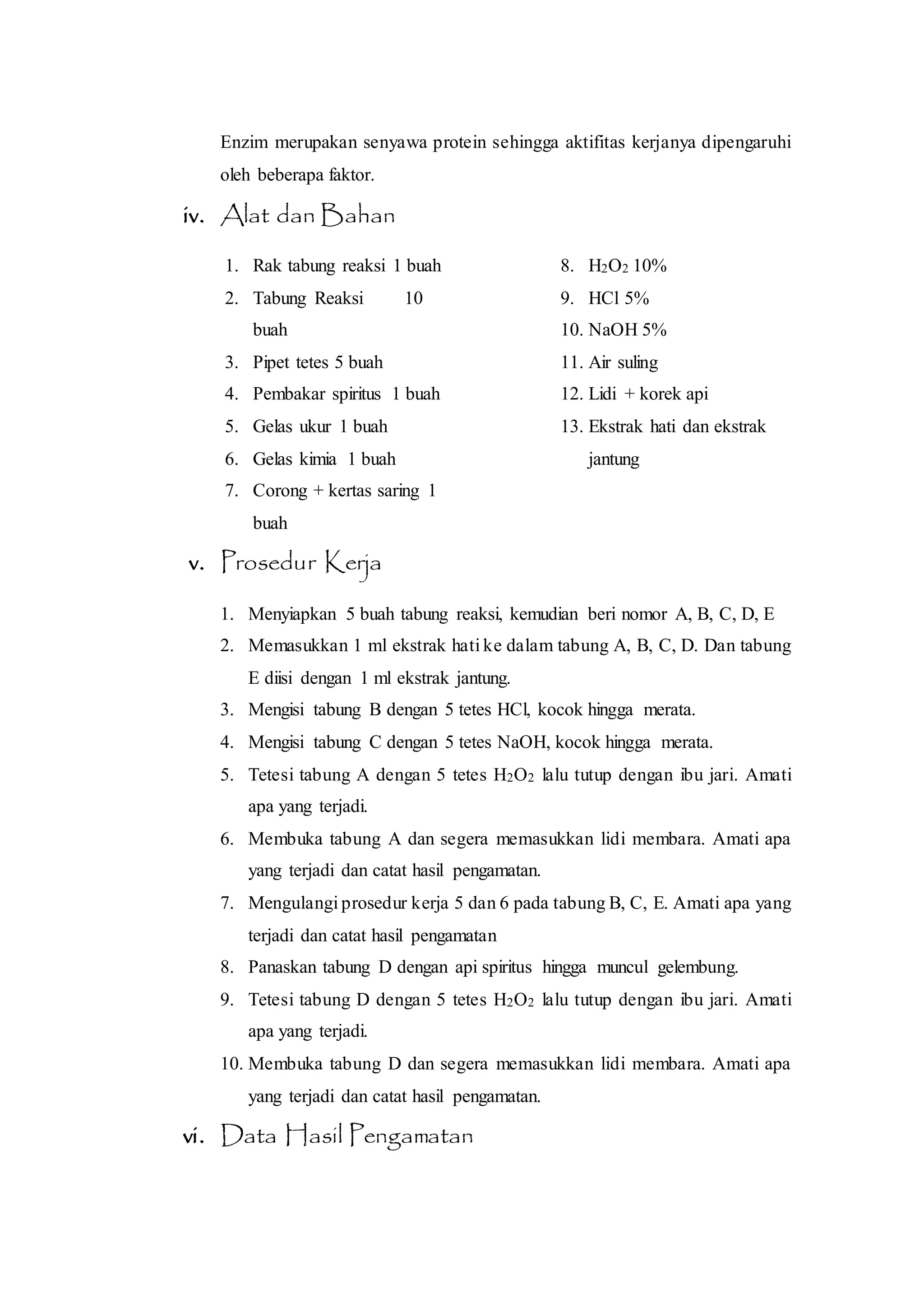 Praktikum biologi enzim katalase | DOCX