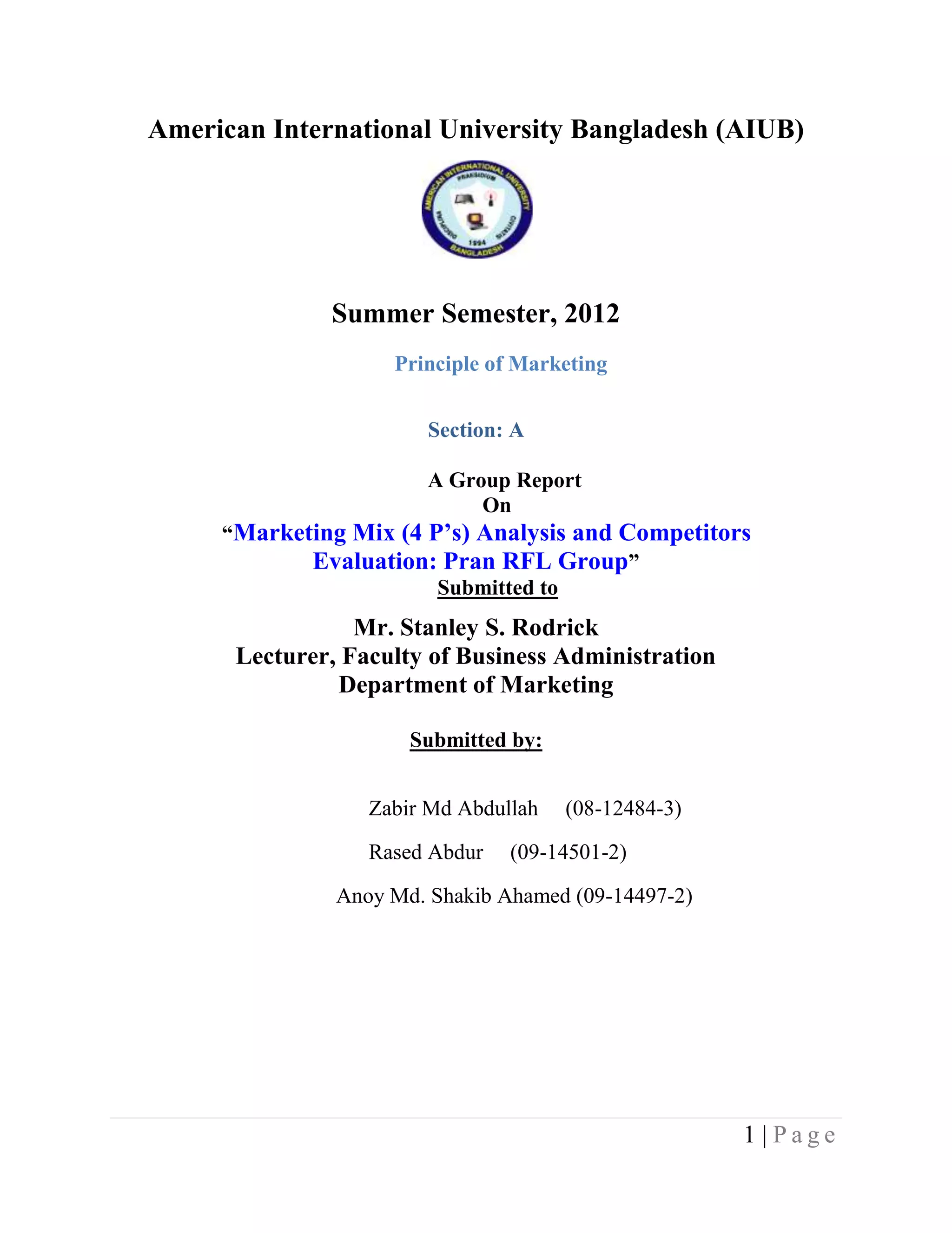 Pran RFL group Market analysis | DOCX