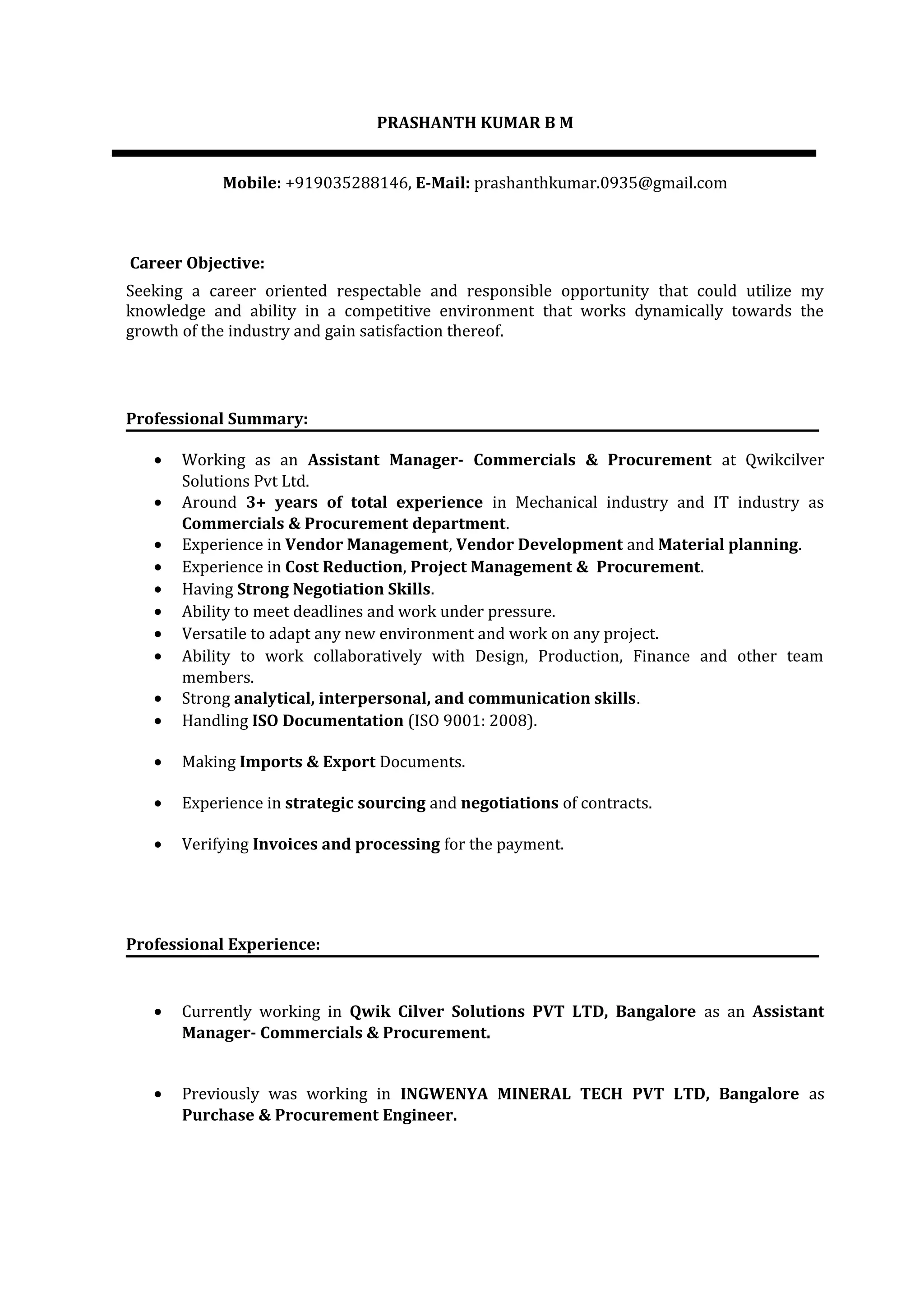 Prashanth kumar b m 3+ yrs exp in procurement | DOC