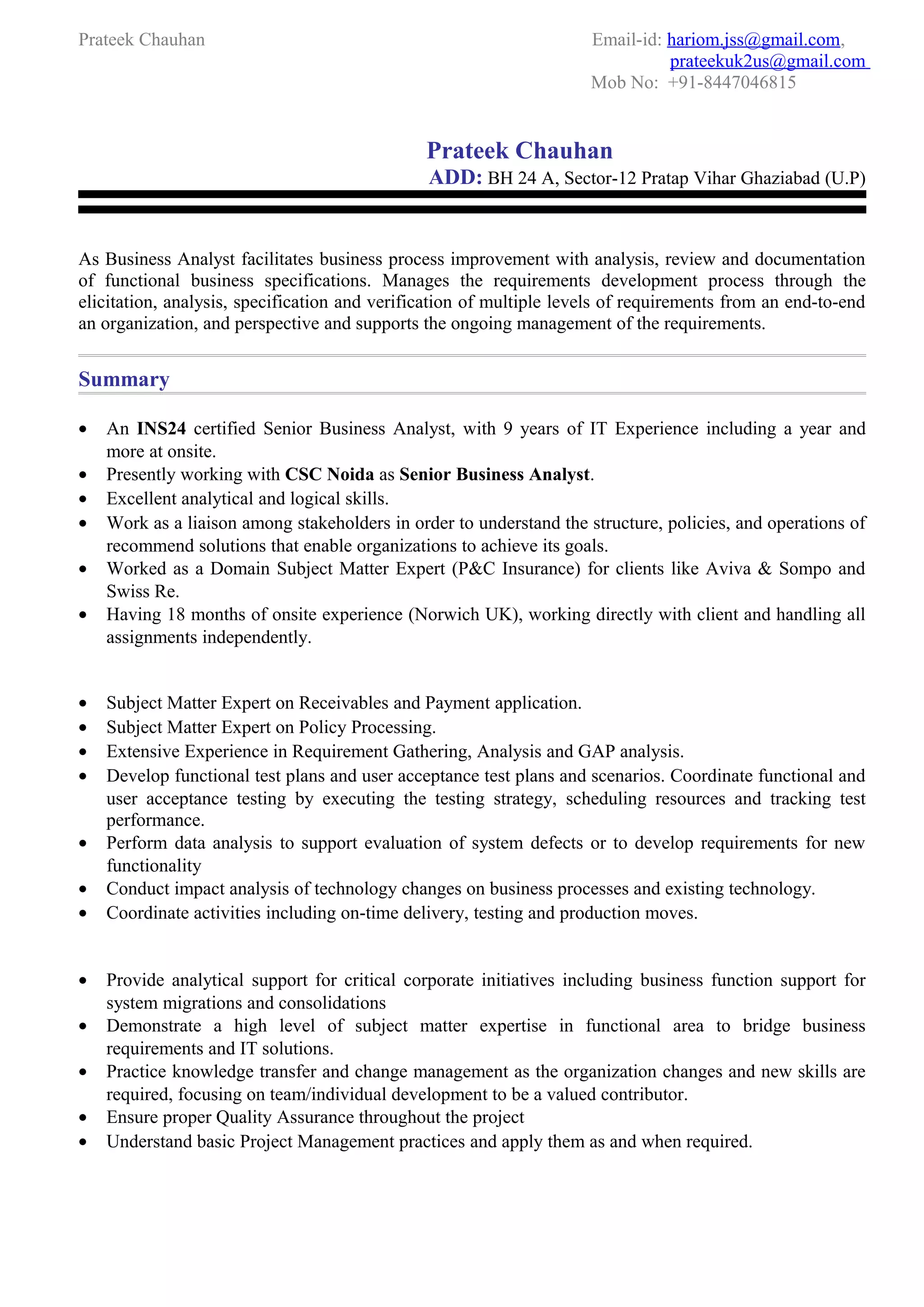 Prateek chauhan cv senior business analyst_csc | PDF