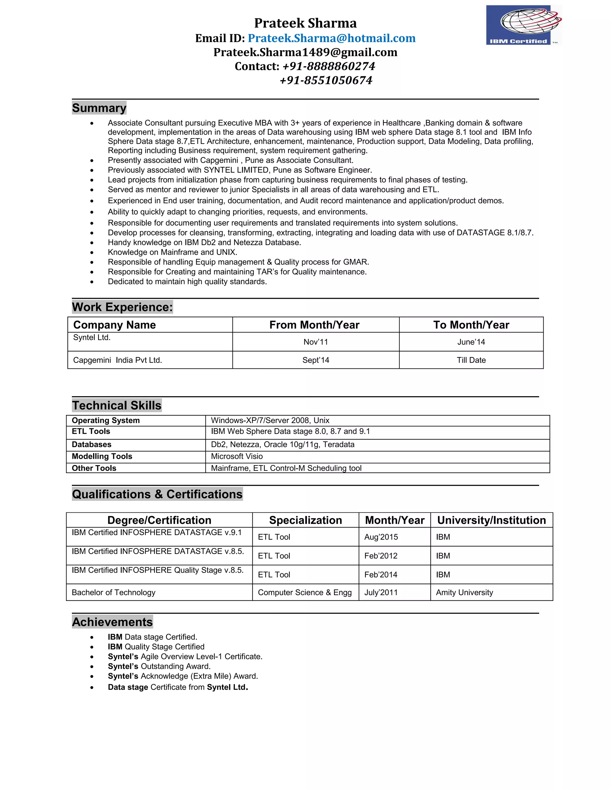 Prateek sharma etl_datastage_exp3.9yrs_resume | PDF | Databases | Computer Software and Applications
