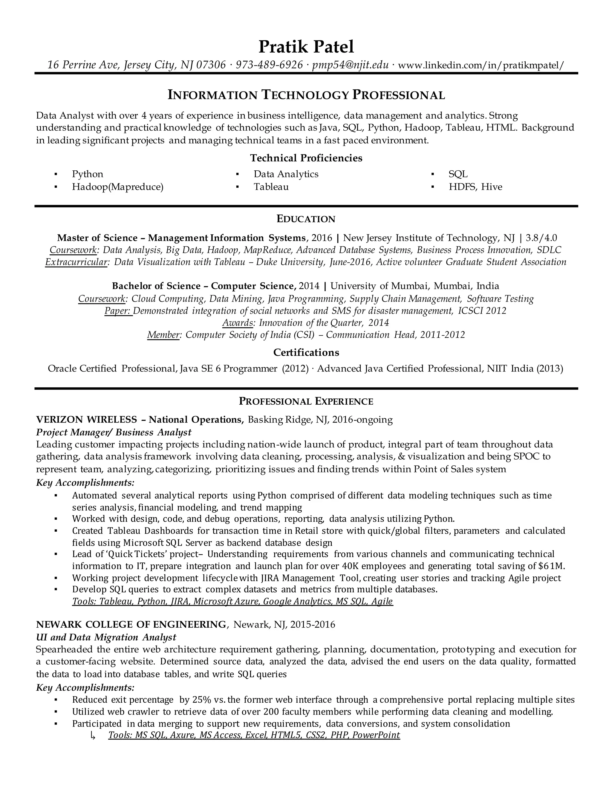 Pratik Patel Python/ Big Data Analyst | DOCX