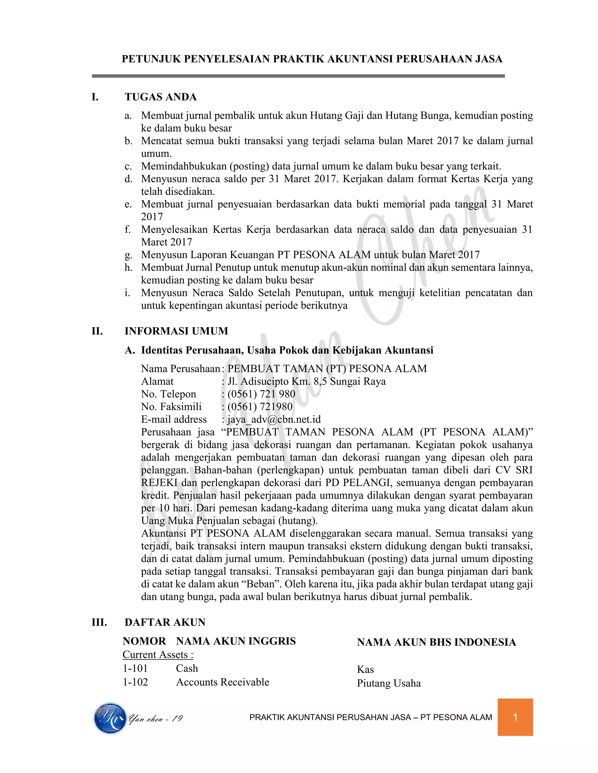 Pratikum akuntansi perusahaan jasa pesona alam - lembar soal | PDF
