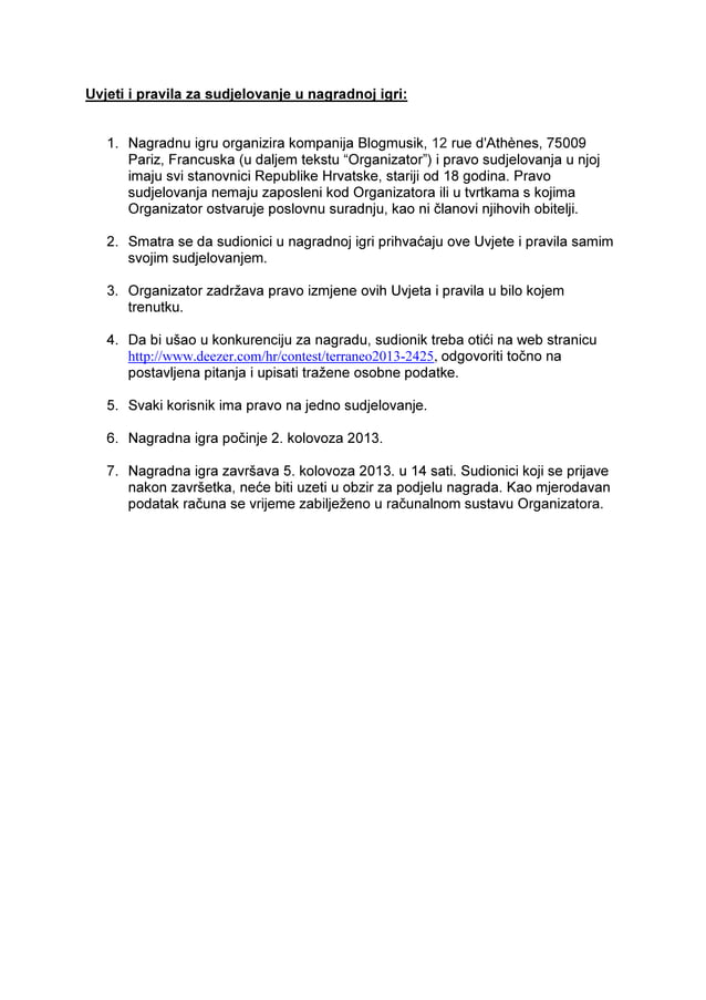 Pravila nagradna igra terraneo | PDF